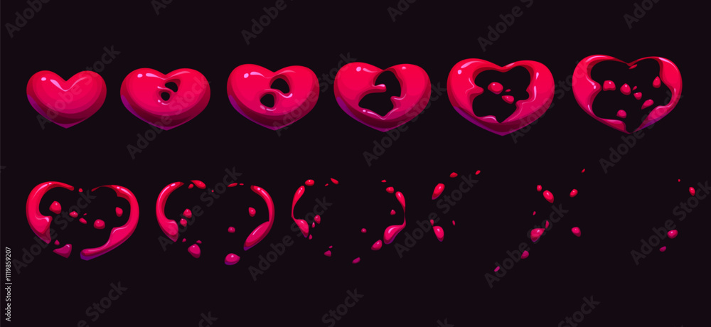 Heart explosion sprite, love game animation sequence frame depicts ...
