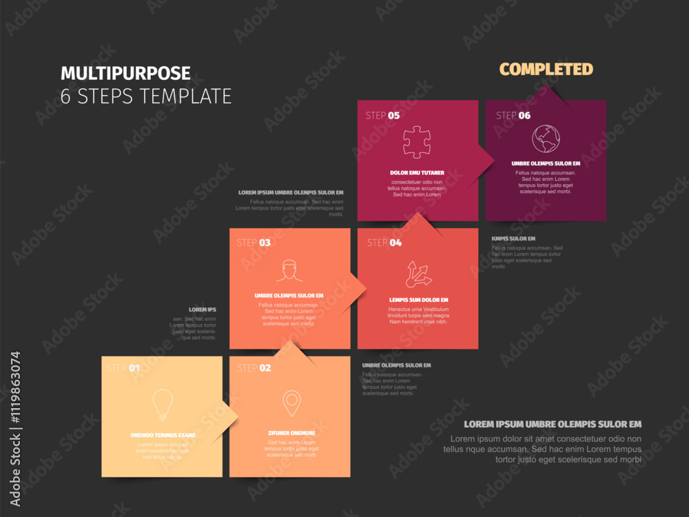 Multipurpose infographic with six blue square color block steps on dark ...