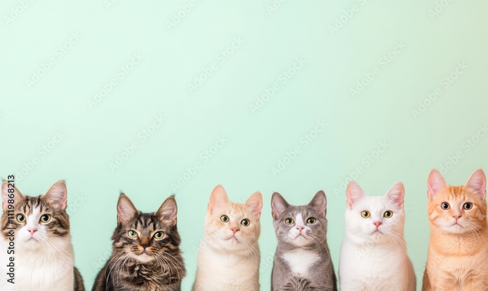 Knolling of various worldwide types of cats, plain colored background ...