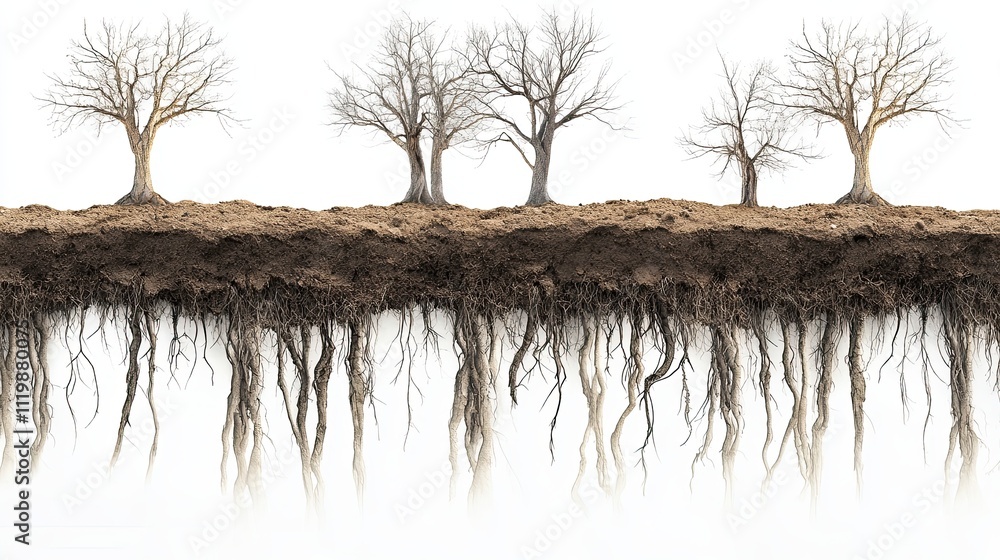 Cross section of soil with tree roots and bare trees. Concept of nature ...