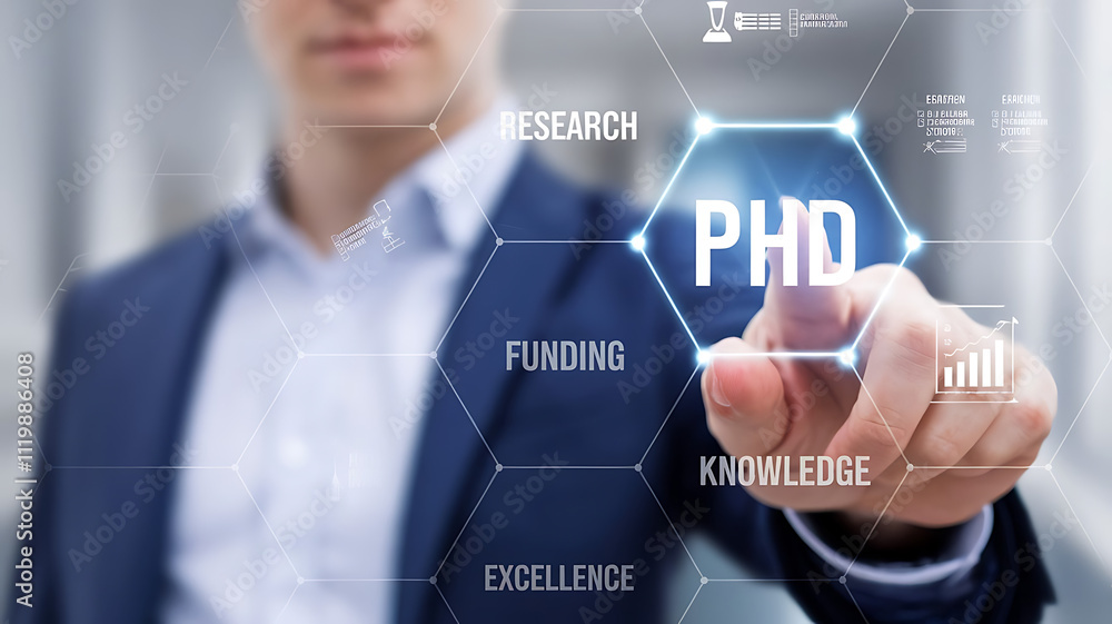 PhD Concepts and Academic Research: student Pointing at Glowing Hexagon ...