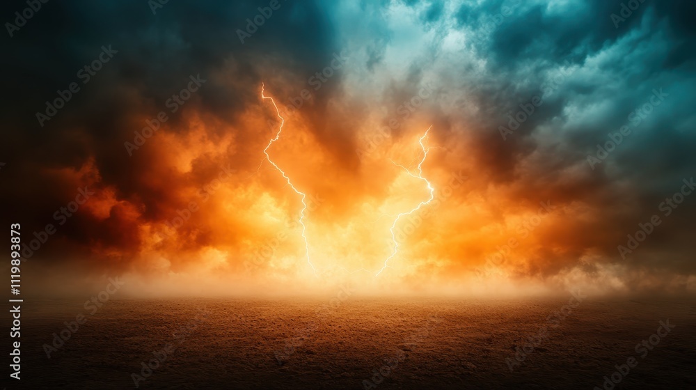 A fiery sky filled with tumultuous storm clouds and bright lightning on ...