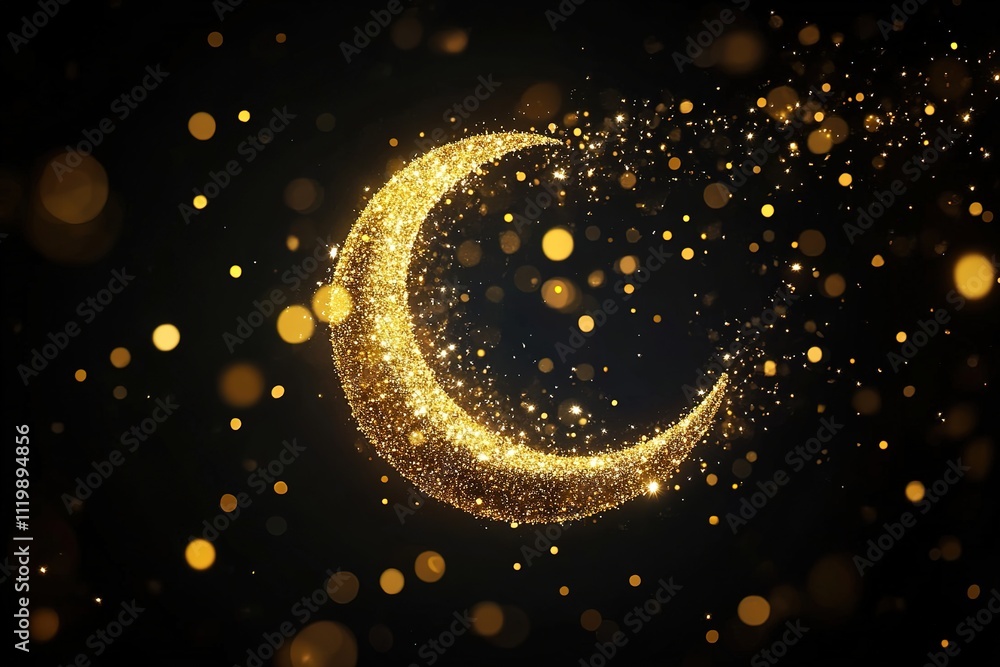 crescent moon shape formed by golden sparkles floating mid-air on ...