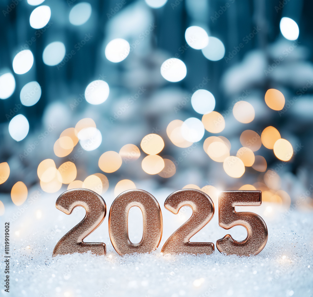 2025 New Year Celebration Concept: Describes the word "2025" in gold letters with bokeh light ...