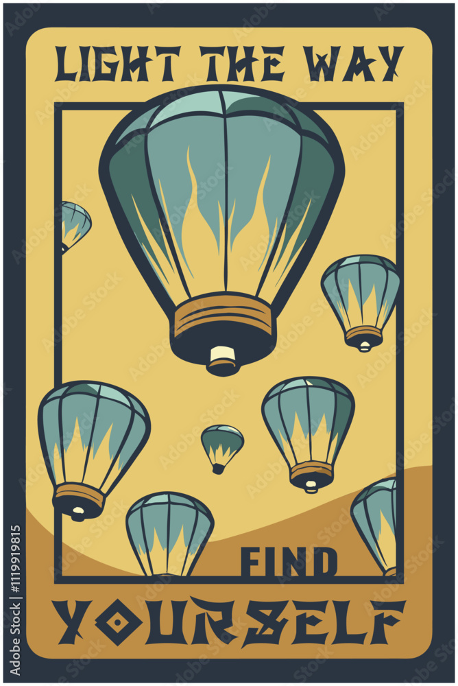 Floating sky lanterns illuminating a golden sky, representing a journey ...