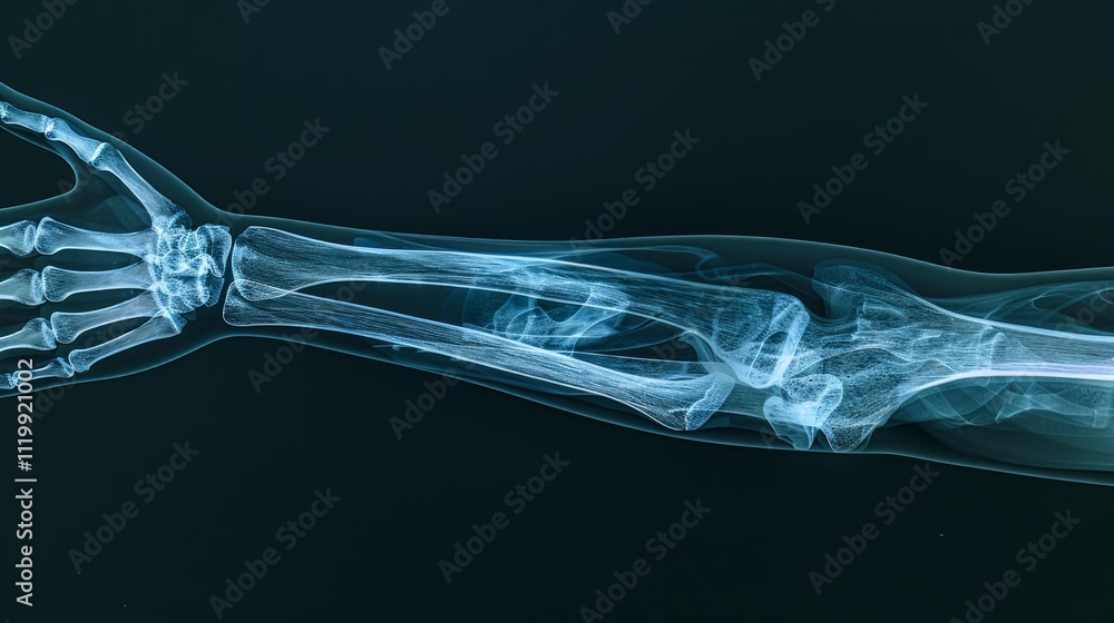 X-ray image of a human forearm displaying detailed bone structure ...