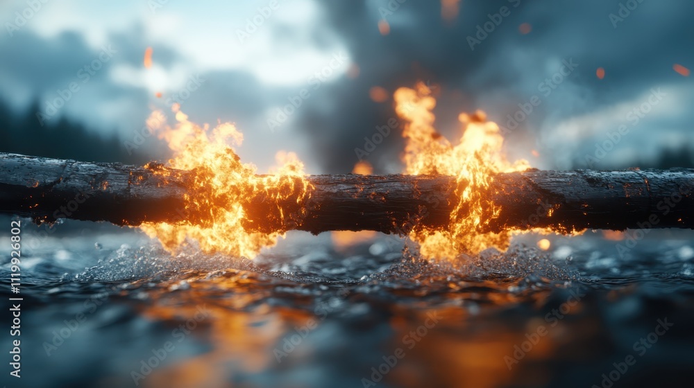 A blazing fire over a log bridge spanning intense rushing water ...