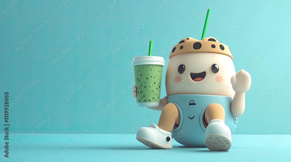 Cute 3D boba character holding matcha drink. Stock Illustration | Adobe ...