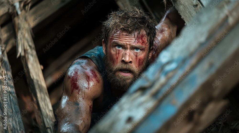 Amidst a rubble of wooden debris, a rugged and gritty man with blood ...