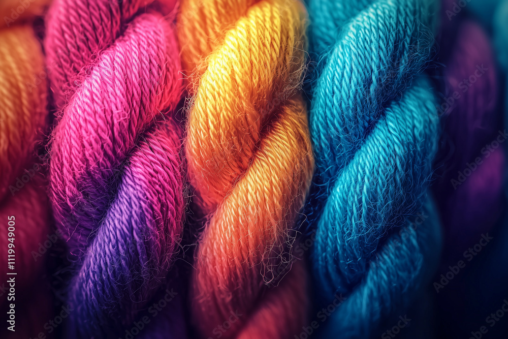 A vibrant display of colorful yarn threads, showcasing a spectrum of ...
