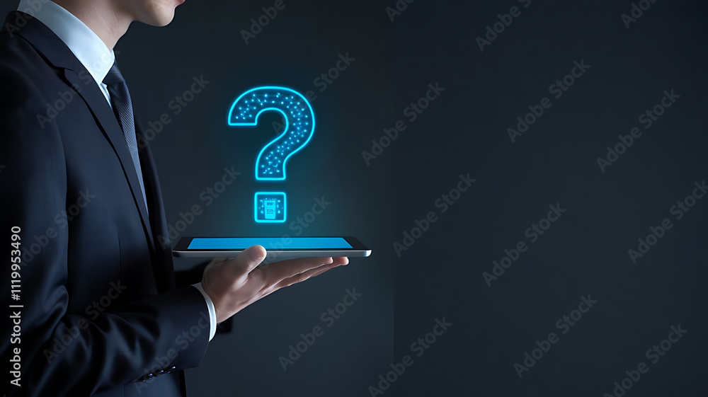 Businessman holding a tablet with holograph symbol question mark. any ...