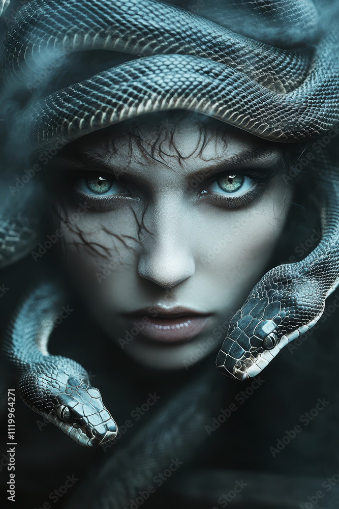 Ethereal Medusa portrait with piercing eyes and serpent hair, dark and ...