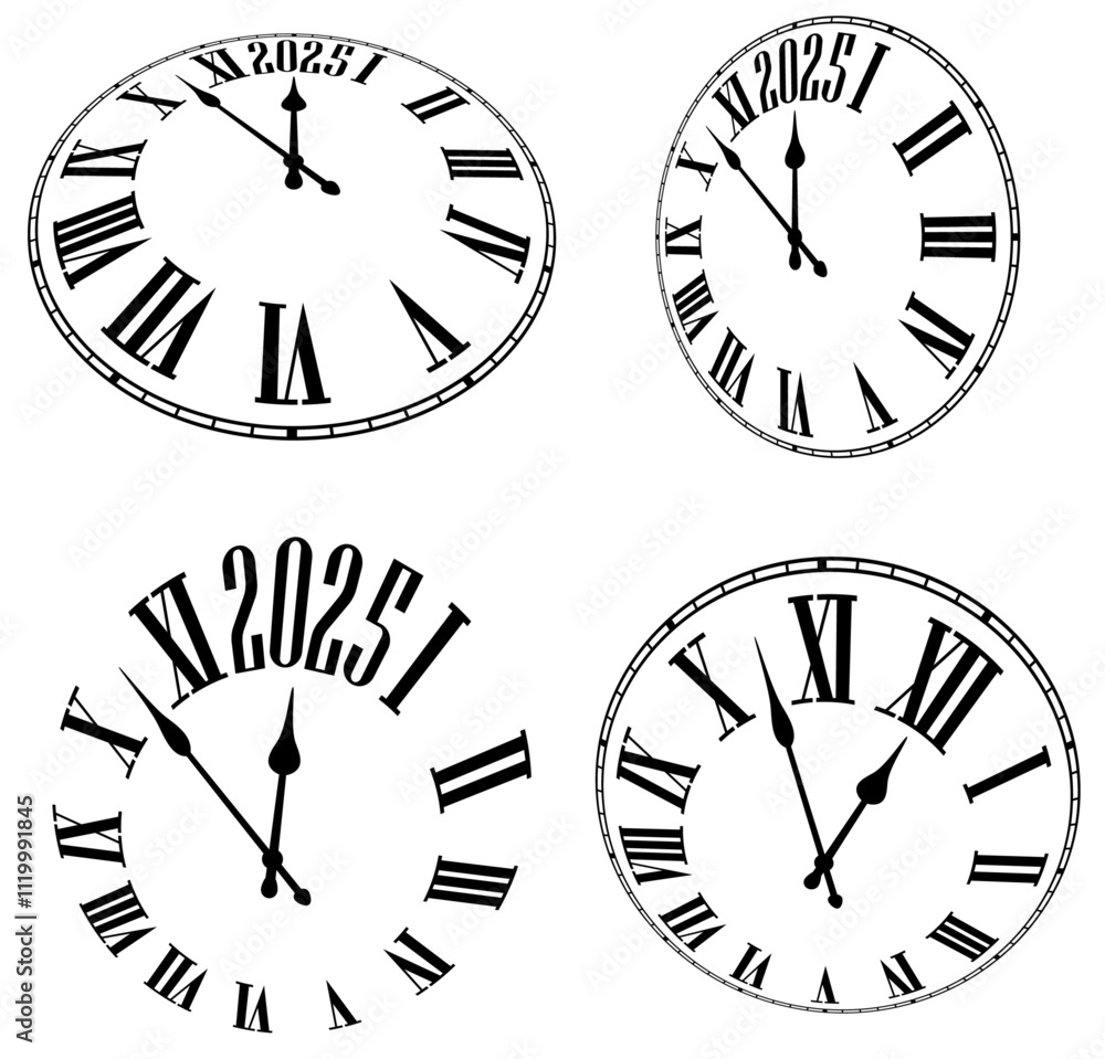 Four black and white clock face designs featuring Roman numerals and ...
