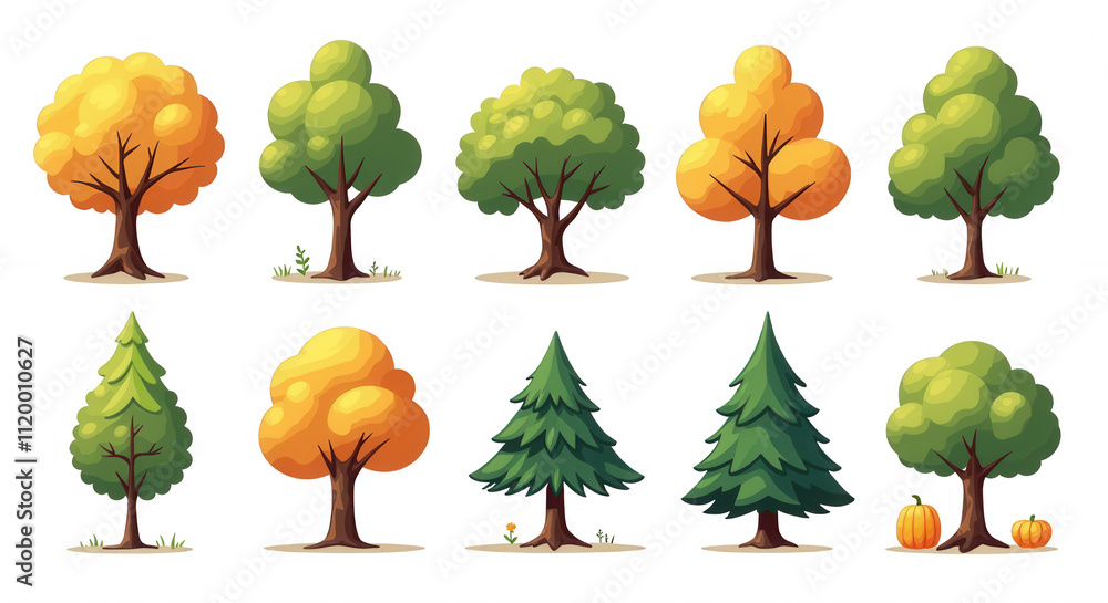 Cartoon Trees with Seasonal Variations on Transparent Background for ...