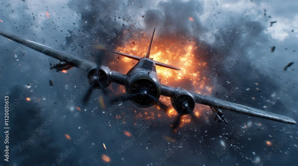A vintage aircraft caught in a dramatic moment as an explosion erupts ...