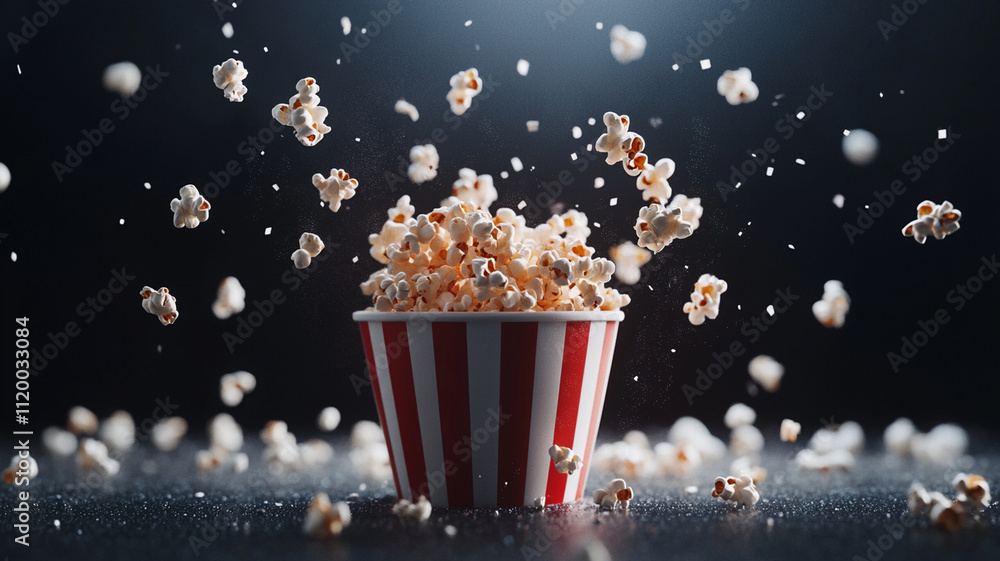 Cinematic photograph of popcorn falling from striped bucket, creating ...