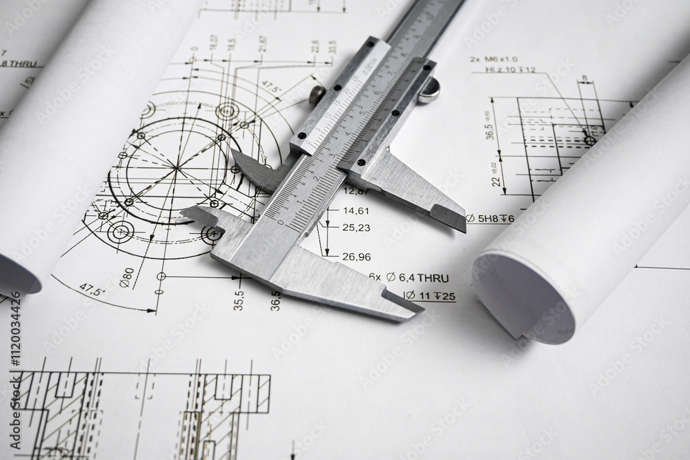 Caliper rests on rolled blueprints, highlighting the importance of ...