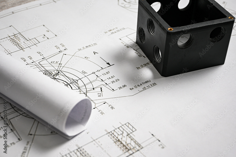 Black plastic prototype lying on technical drawing with measurements ...