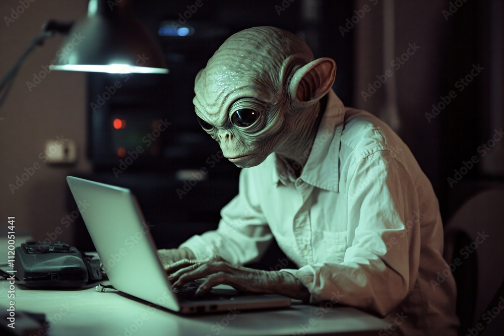 Alien wearing a white shirt is working late at night in an office ...