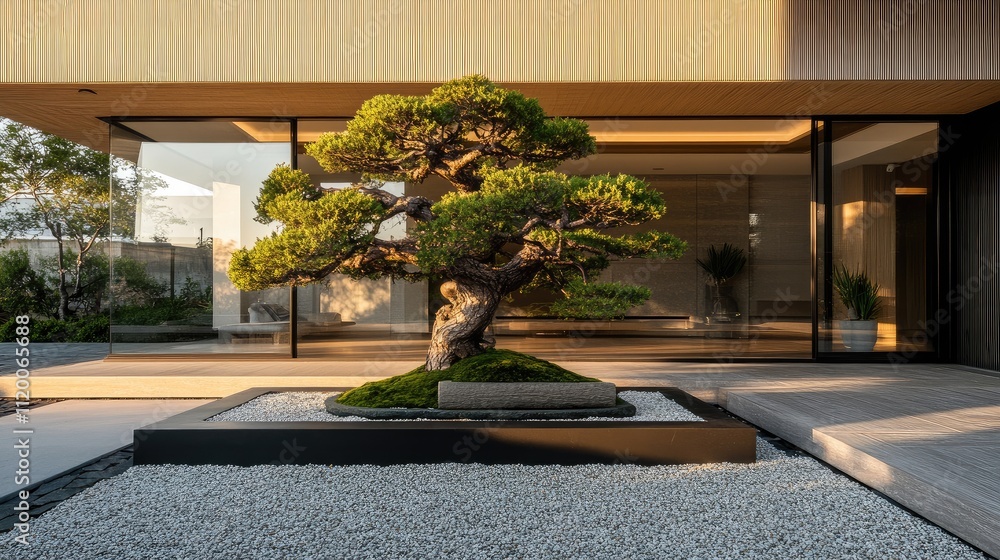 Zen-style front corner of a modern home with a bonsai tree as the ...