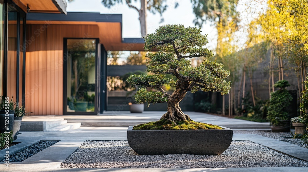 Zen-style front corner of a modern home with a bonsai tree as the ...