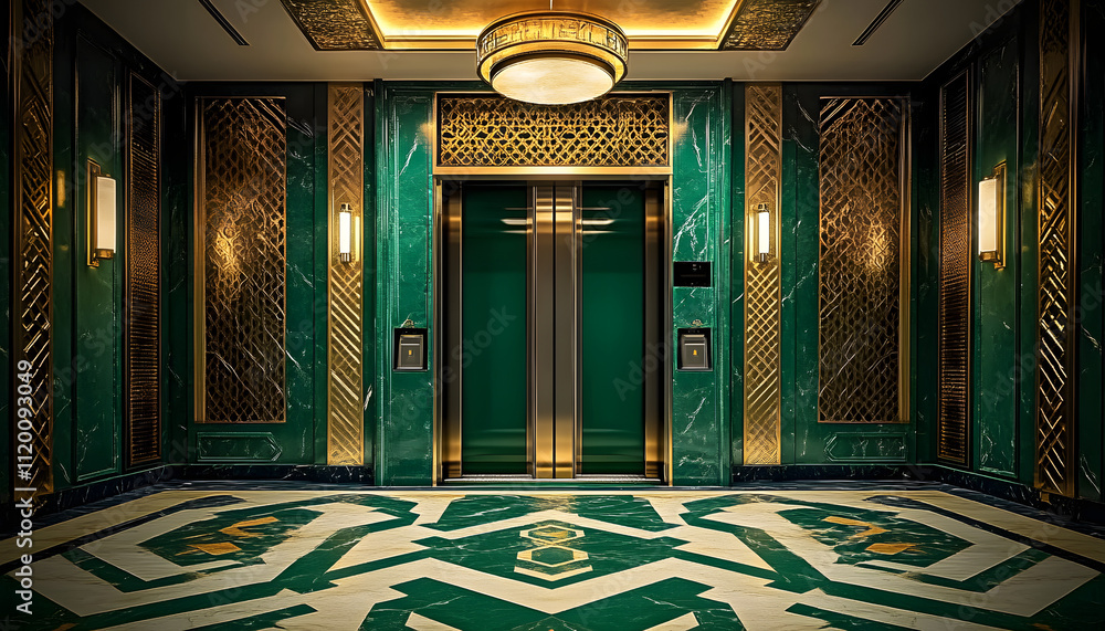 AI generator image of majestic elevator in a huge lobby of an art-deco ...