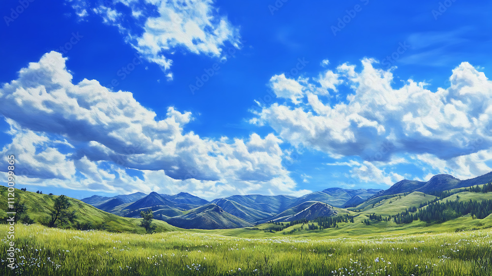 Rolling hills and sharp peaks veiled by wispy clouds under a cobalt ...