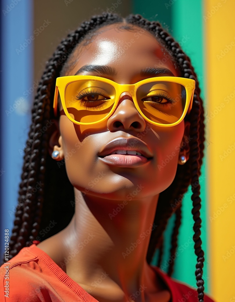 woman with afro braided hair and sunglasses with smooth facial features ...