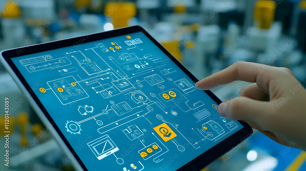 Tablet Displaying Industrial Automation System Diagram, A Finger ...