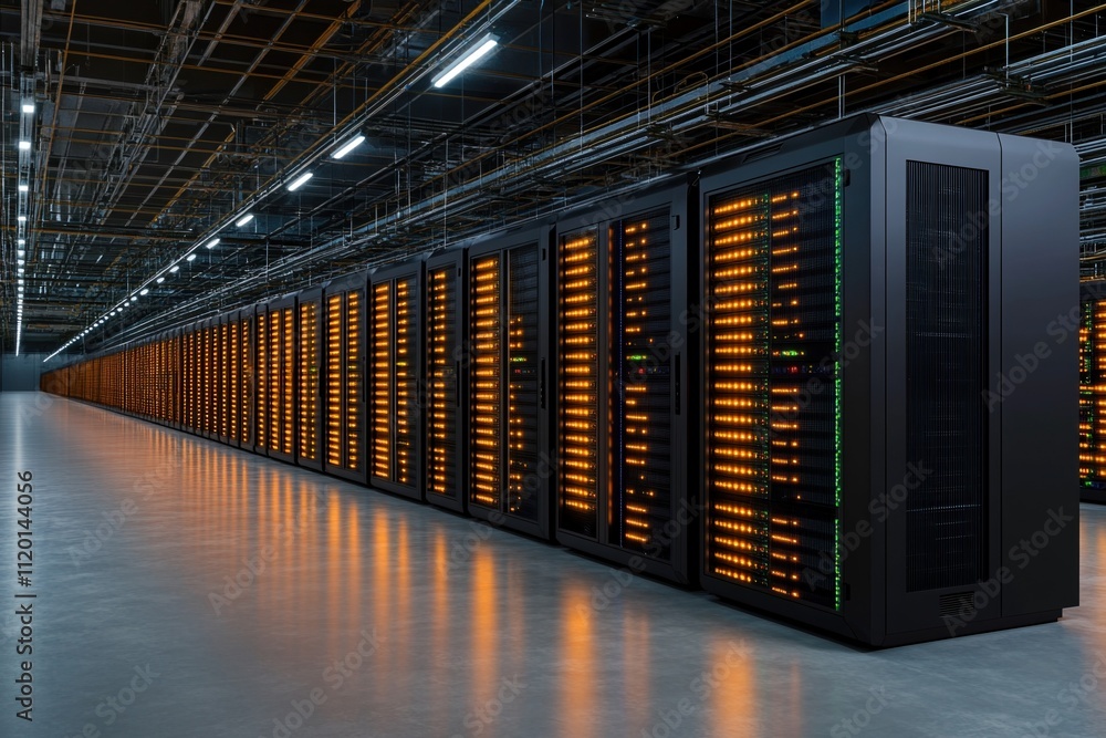 High-density server room in a data center featuring rows of illuminated server racks and ...