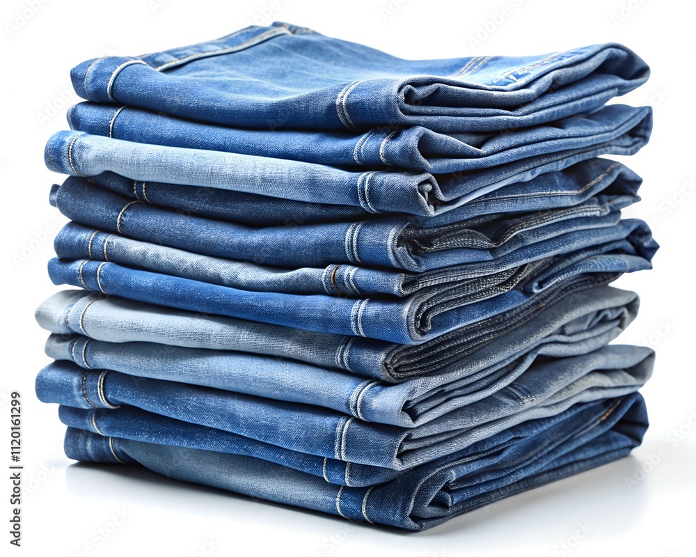 Neatly arranged pile of denim jeans in different shades of blue creates ...