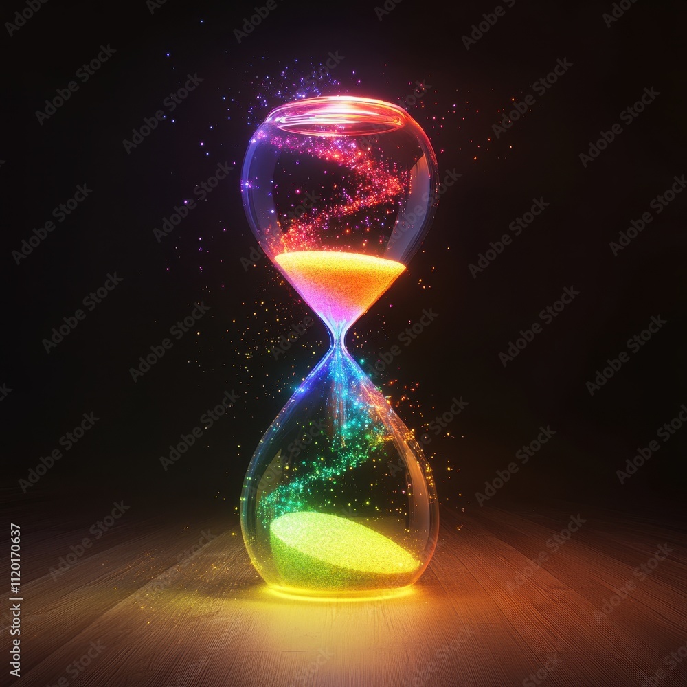 Glowing Rainbow-Colored Hourglass with Flowing Sand Dark Environment ...