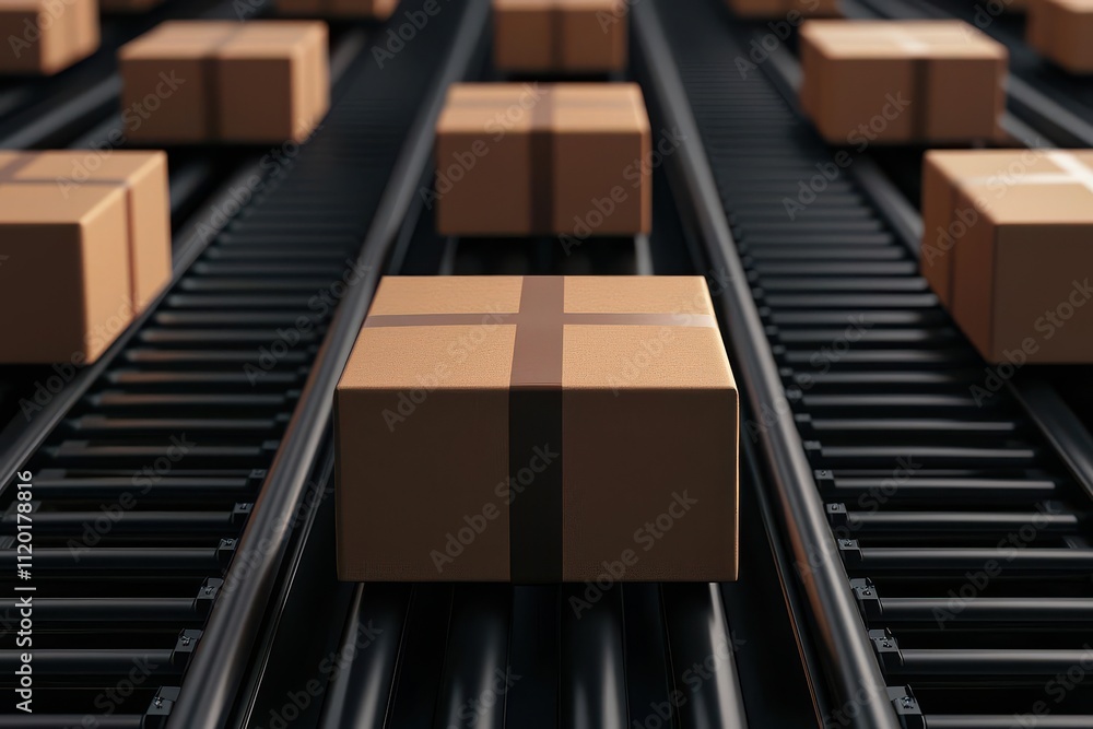 identify goods concept. RFID-tagged goods on conveyor belt for ...