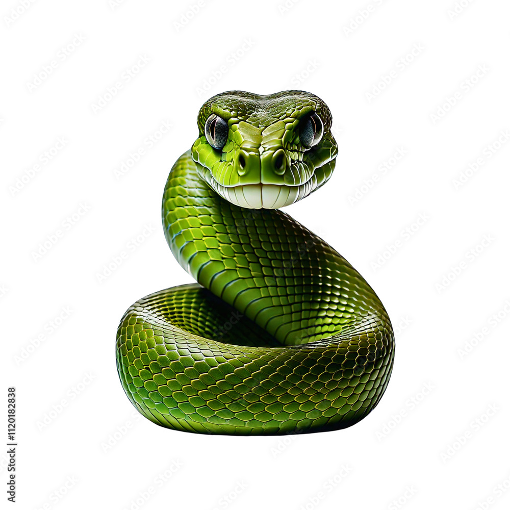 Green snake coiled in a striking pose against a neutral background ...