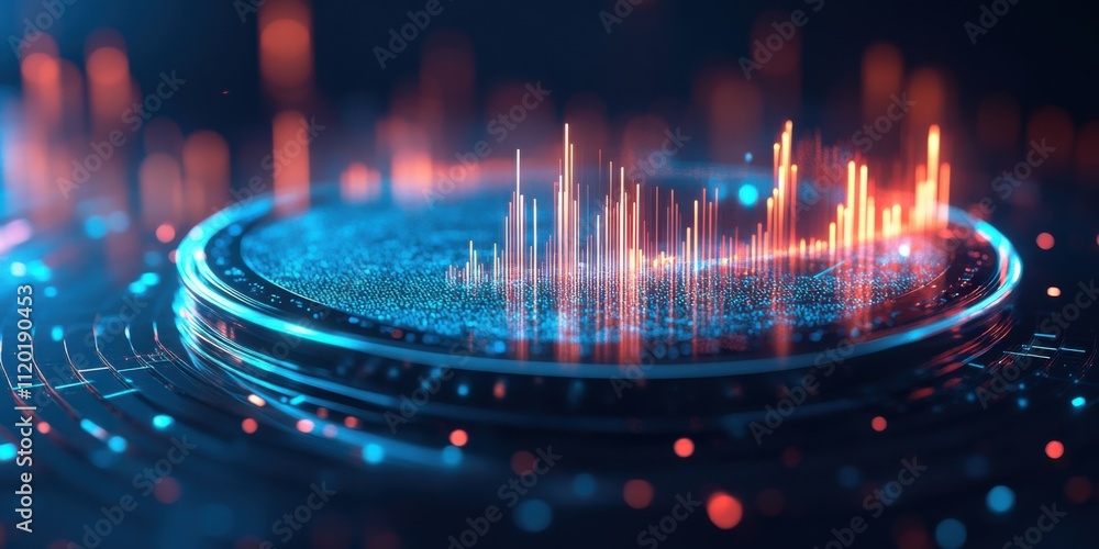 Quantum analytics visualization, holographic circular chart with liquid ...