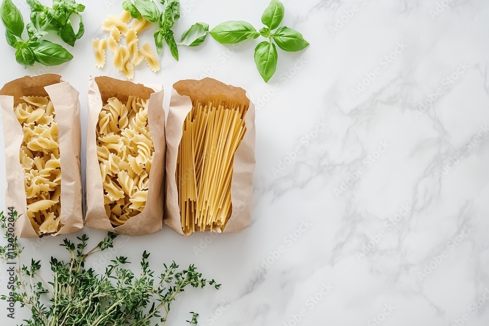 Three open paper bags containing different types of pasta (fusilli ...