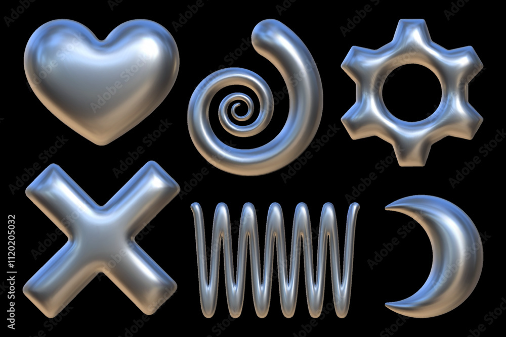 Set of metal figures in 3D style. Inflated shapes in the shape of a ...