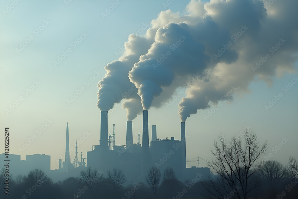 Thick smoke coming out from industrial factory plant chimney concept of ...