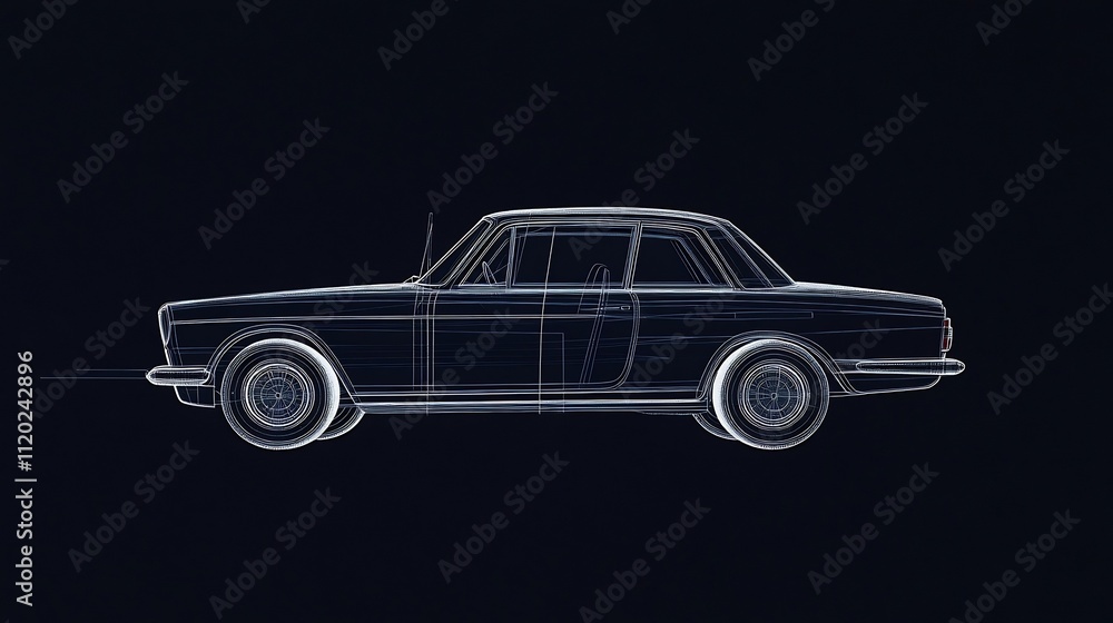 Vintage Car as Minimalist 3D Line Art Blueprint Architectural Front ...