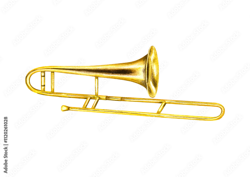 Watercolor classical shiny trombone illustration clip art. Hand painted ...