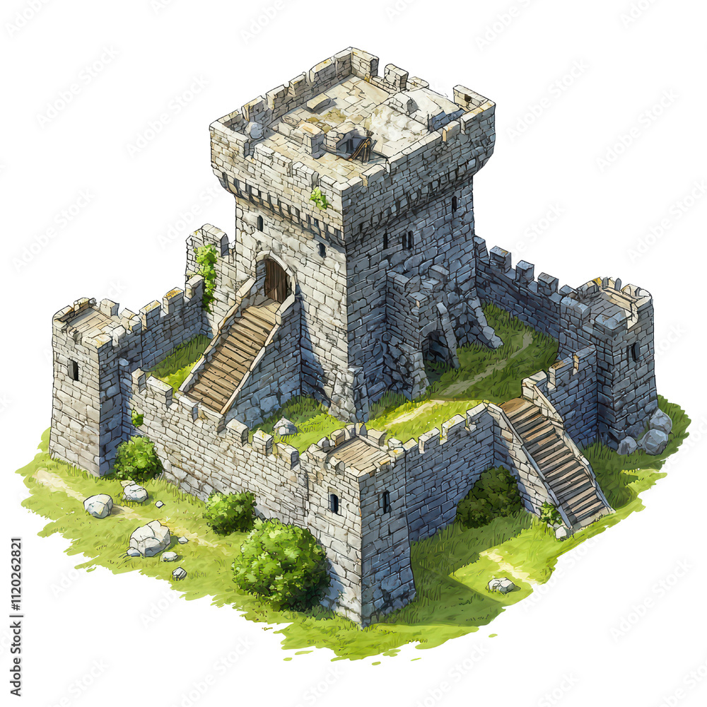 detailed medieval stone castle with towers, stairs, and greenery. This ...