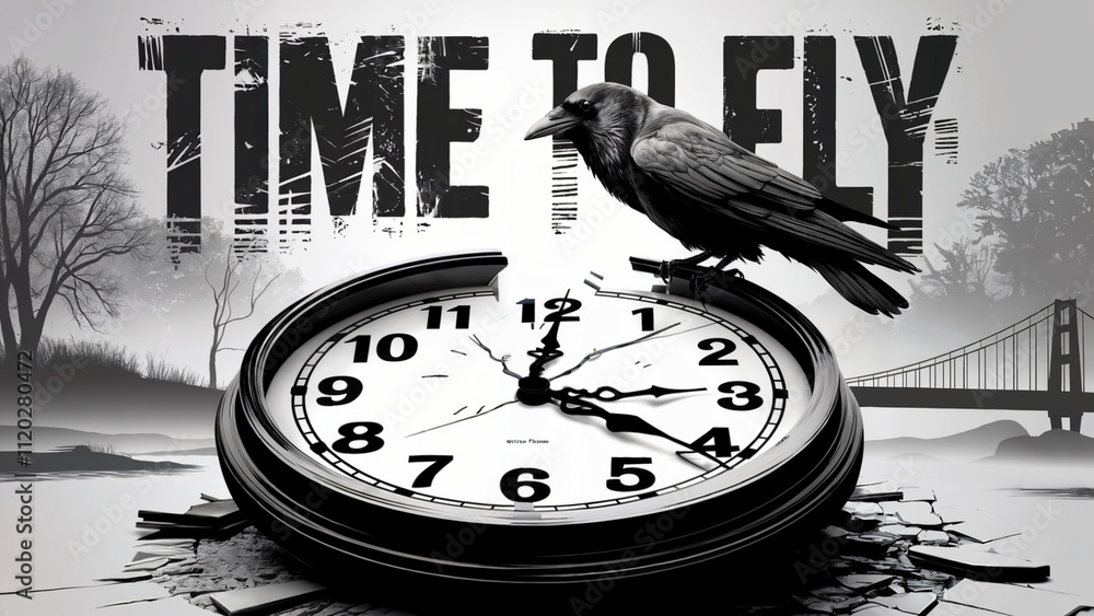 Hyperrealistic Black and White Illustration of a Crow on a Broken Clock ...