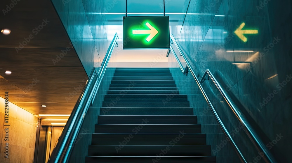 Green emergency exit sign with an arrow pointing down, positioned above ...