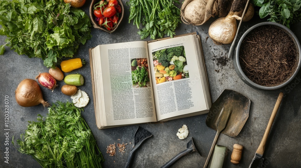 Show a composting guidebook open on a table, with a list of compostable ...