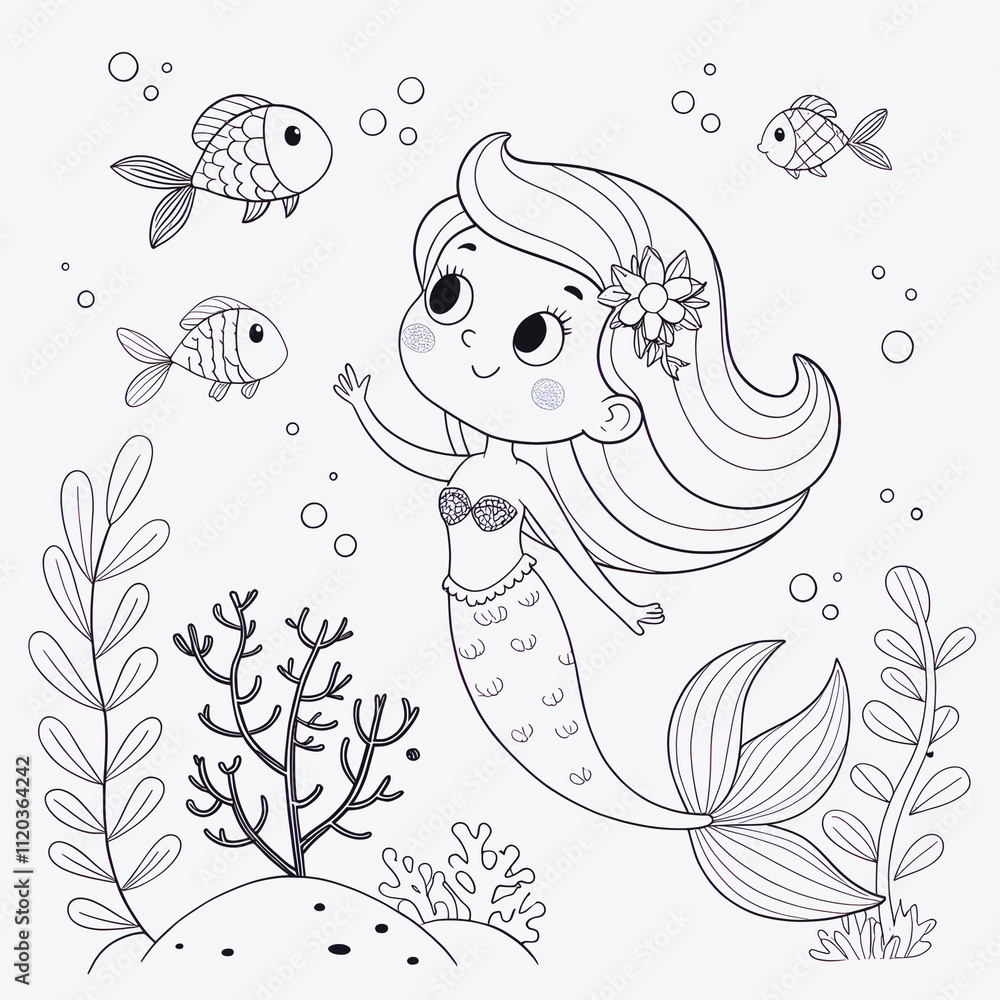 Cute Mermaid and Fish Underwater Coloring Page for Kids Stock ...