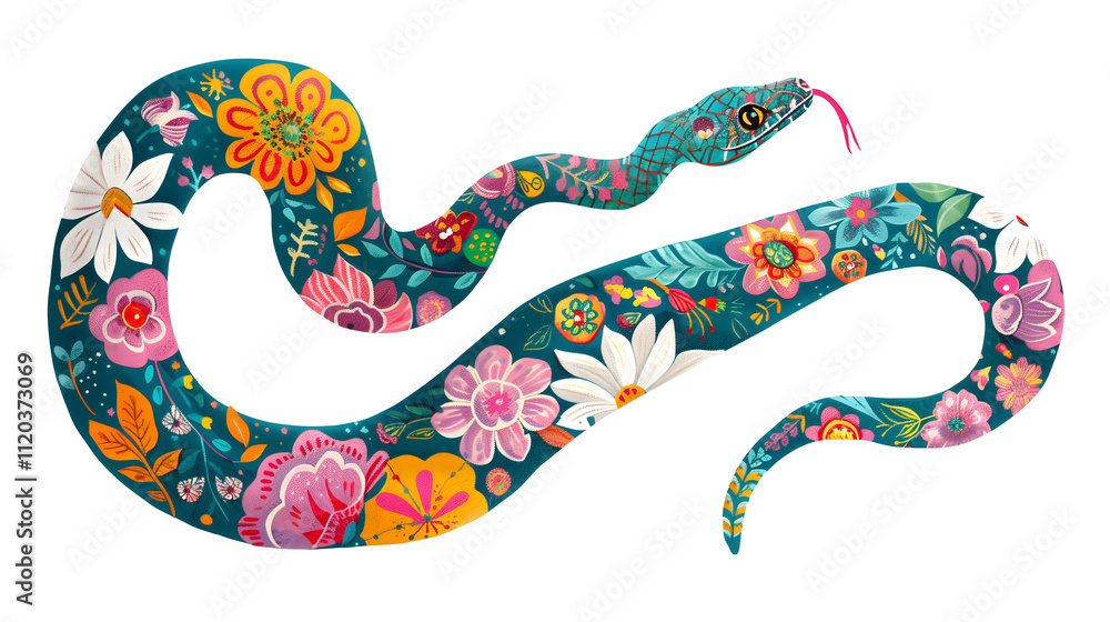 Cute snake with floral ornament skin drawing. Flowers patternt ...