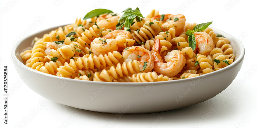 Fusilli pasta with sautéed shrimp and herbs in a bowl, isolated on a ...
