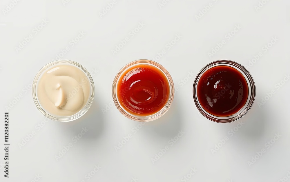 Three sauce cups with ketchup, mayonnaise, and mustard on a white ...