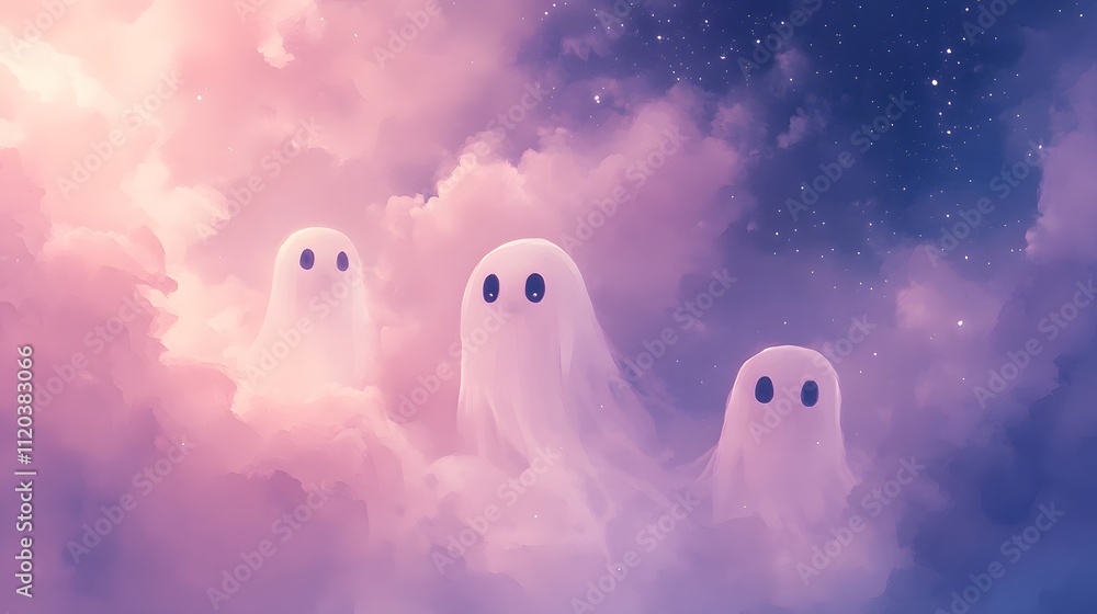 Two pastel colored ghost figure floating in a dreamy sky with stars and ...