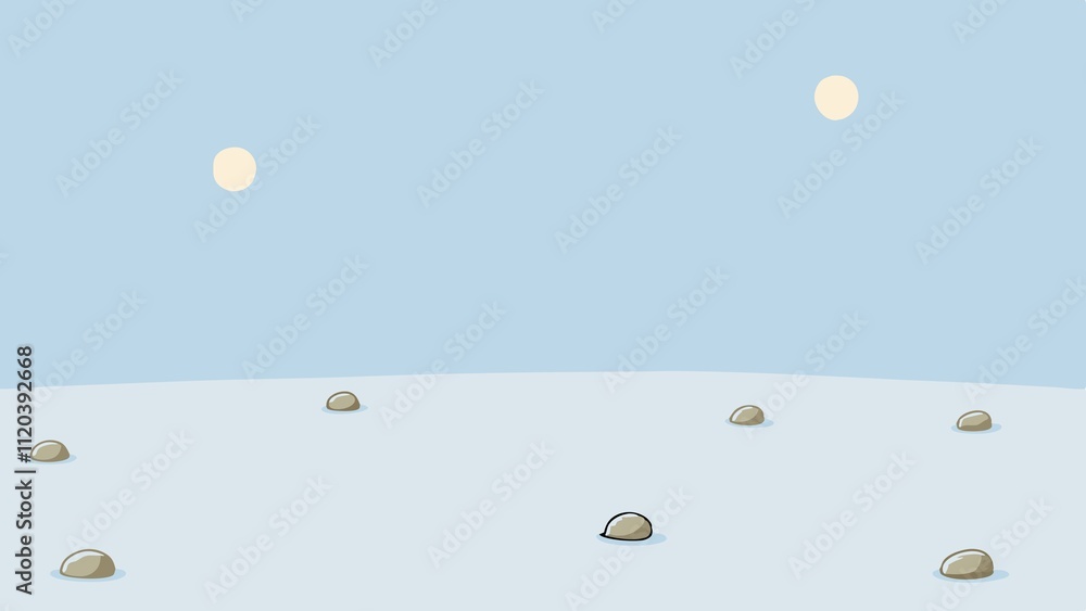 Cartoon Tundra Scene with a Flat Snowy Plain and Scattered Rocks in a ...